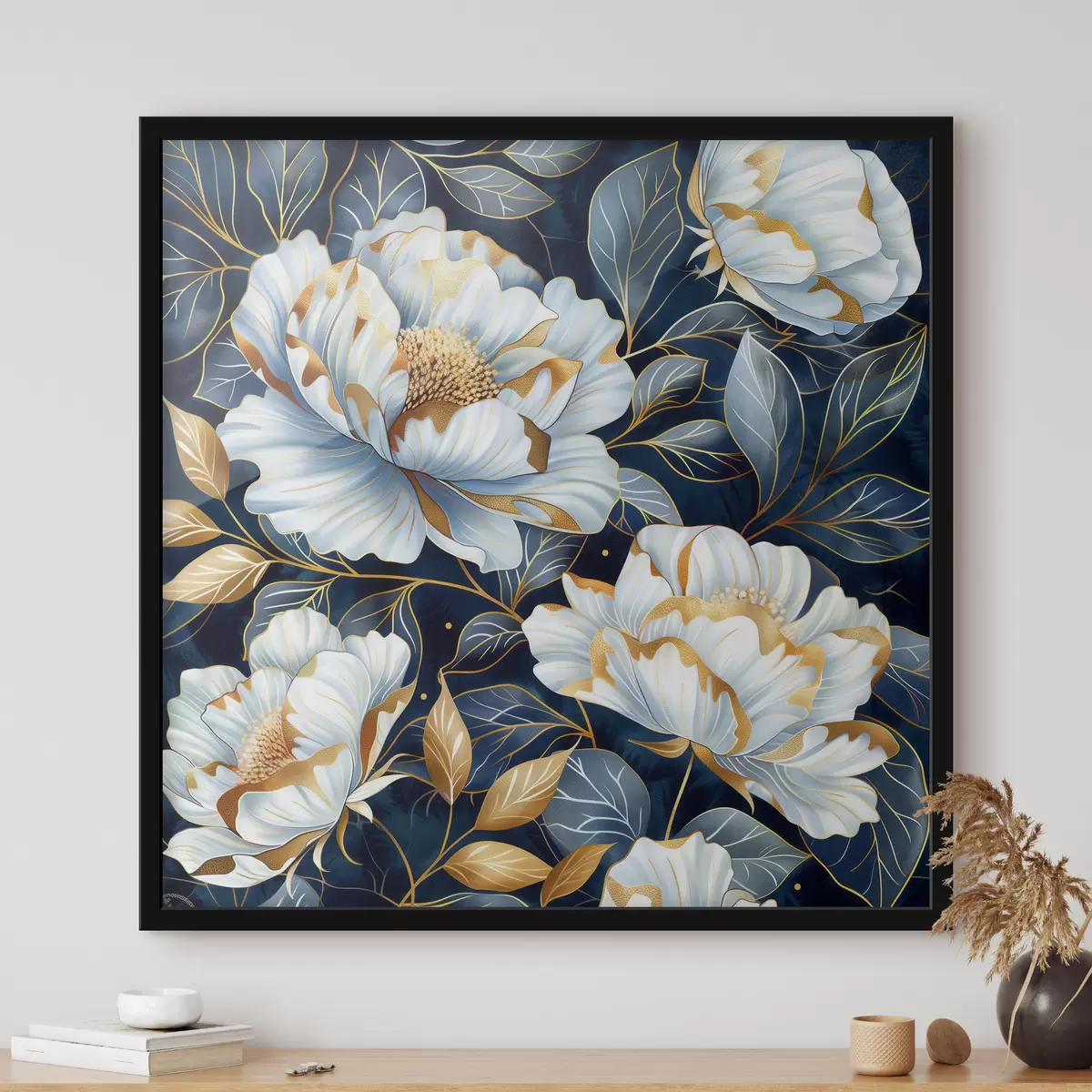 Postere Bujori și trandafiri albi cu contur, frunze albastre și modele ...